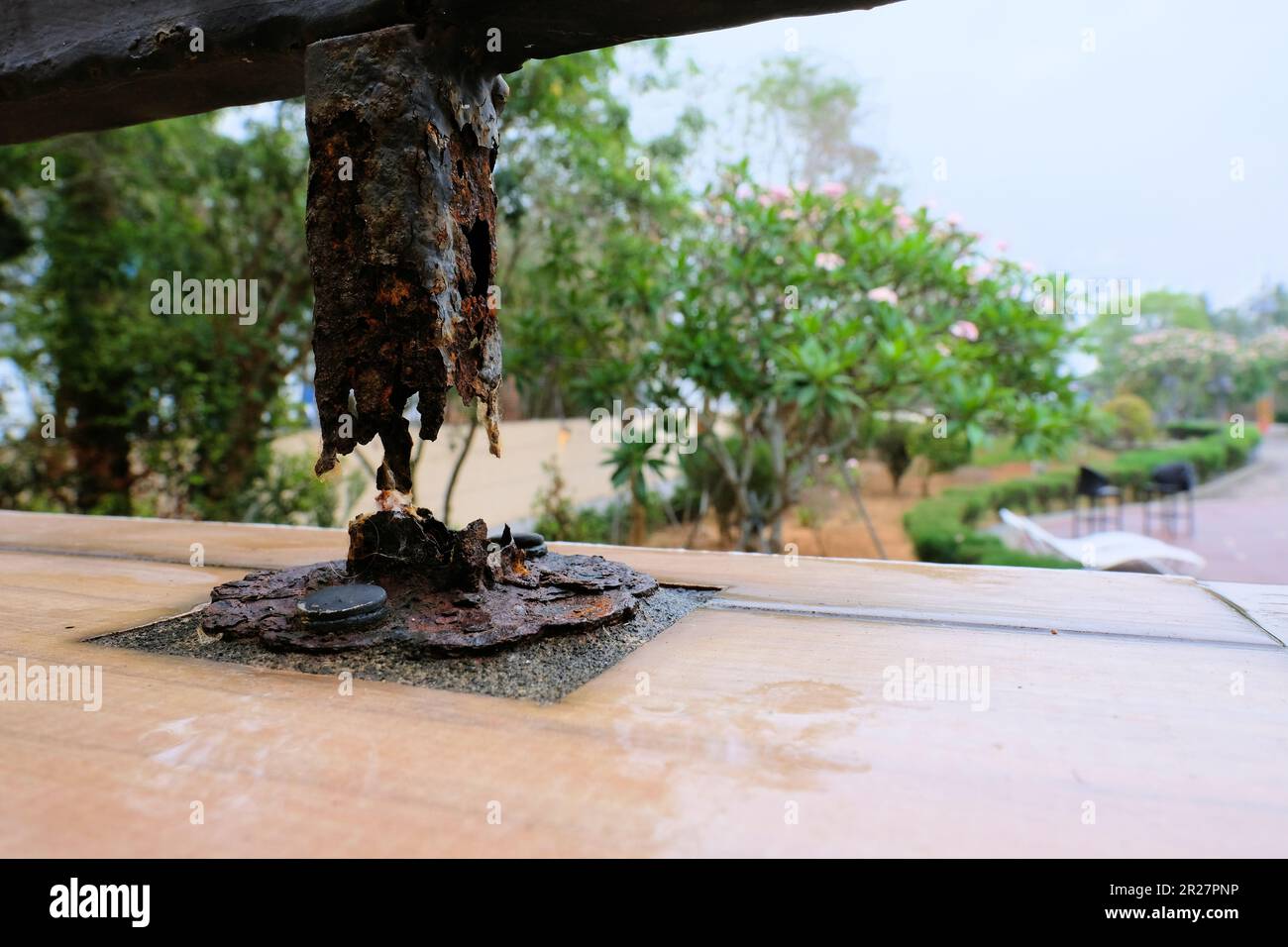 Metal posts containing iron showing corrosion and rust in humid ...