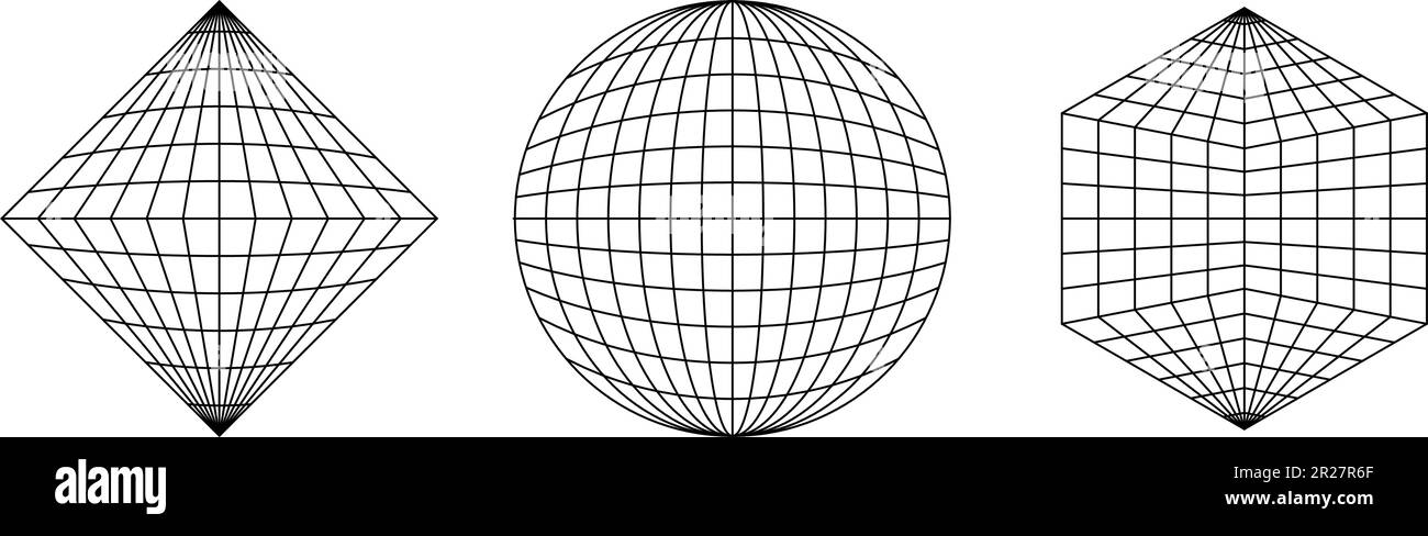 Wireframe shapes. Sphere, prism, octahedron net. Geometric grid frame ...