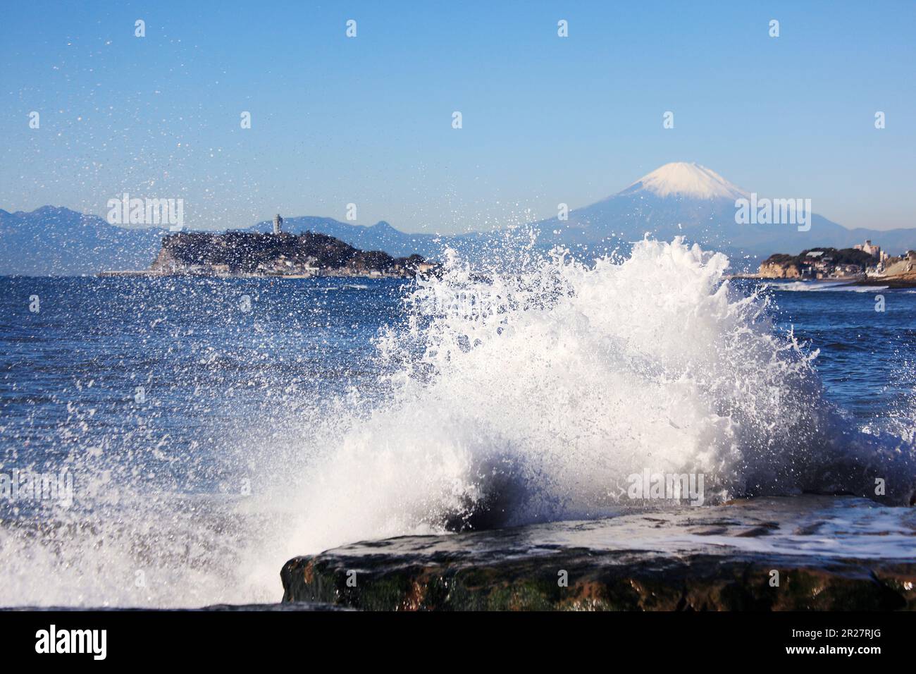 Enoshima and Mount Fuji and waves from inamuragasaki Stock Photo - Alamy