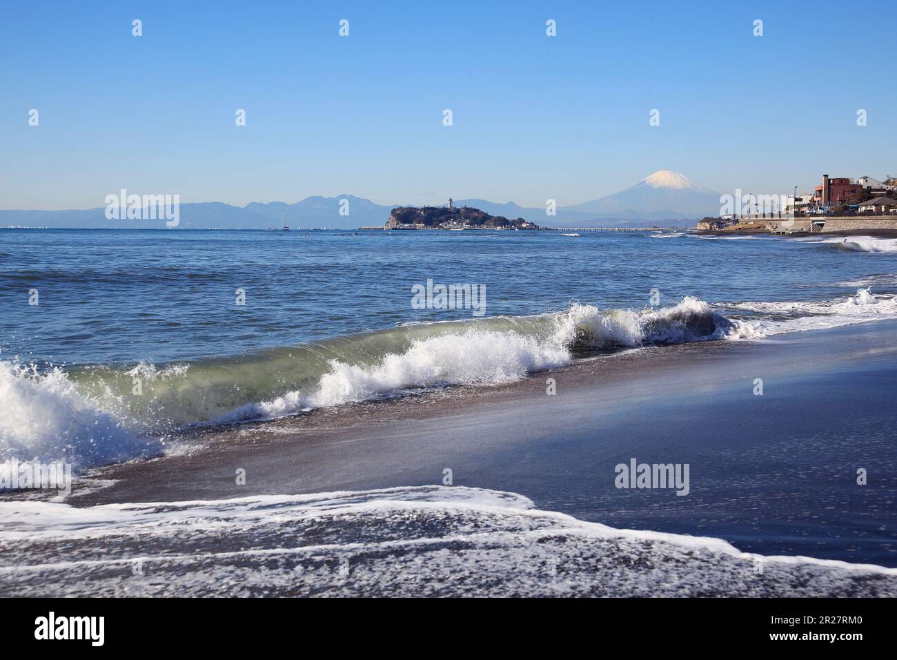 Enoshima and Mount Fuji and waves from inamuragasaki Stock Photo - Alamy