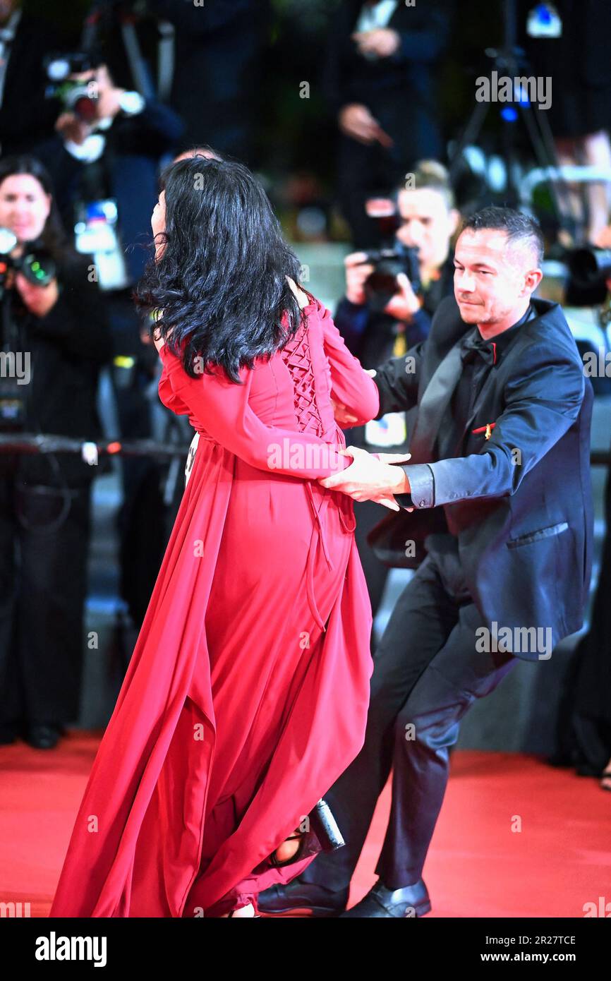 Cannes, France. 17th May, 2023. A protester storms the Le Retour red ...