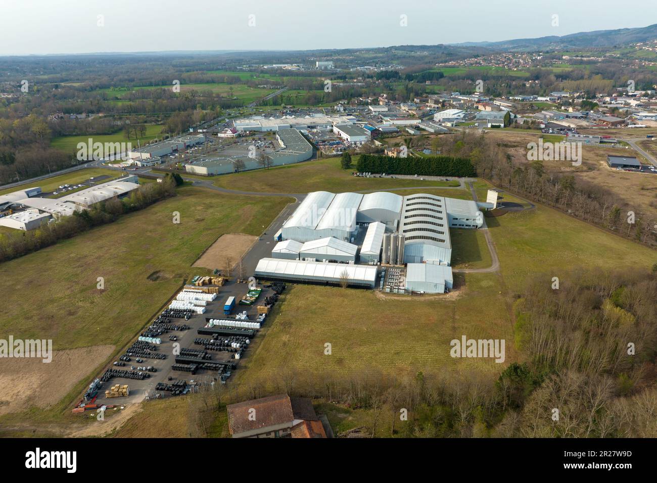 Aerial view of new factory building for producing and shipping of ...