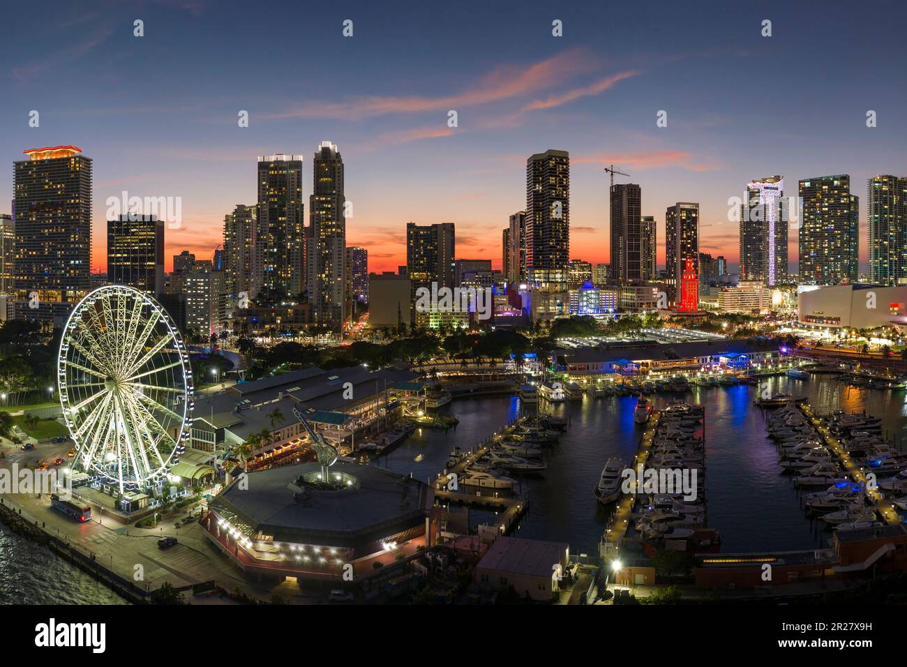 American urban landscape at night. Miami marina and Skyviews ...