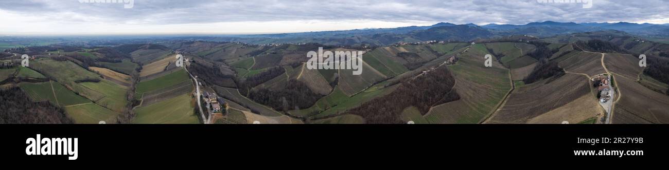 aerial panorama drone scenic of hills, vineyards and farms in Martani ...