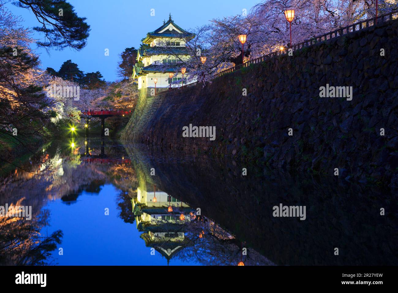 Lit up Hirosaki Castle and inner moat Stock Photo - Alamy
