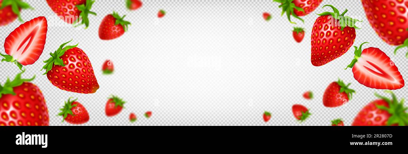Many fresh strawberries falling, flying isolated on transparent ...