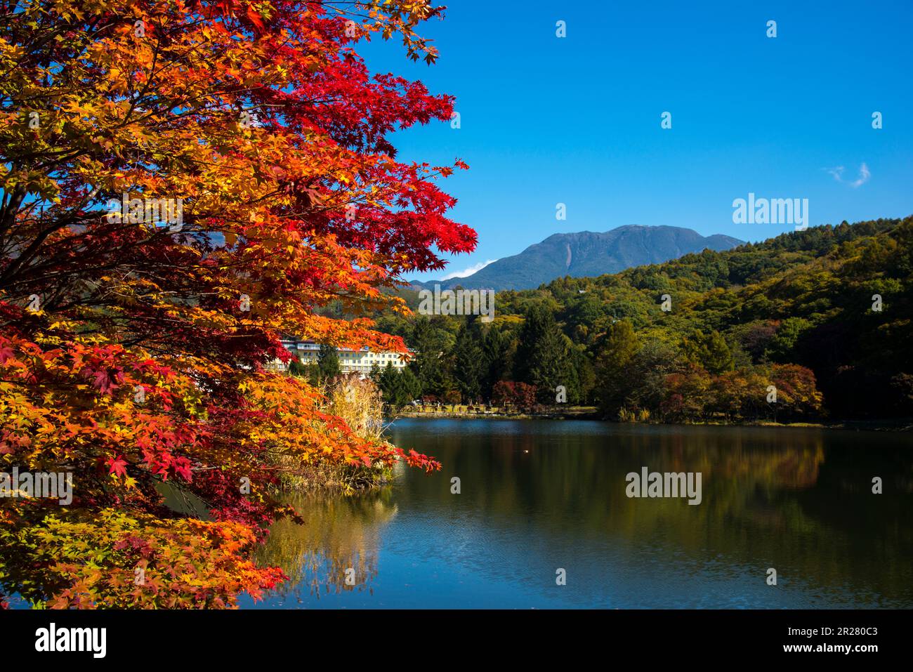 Lake Tateshinako Likeside with autumn leaves and Mt Yokodake Stock ...