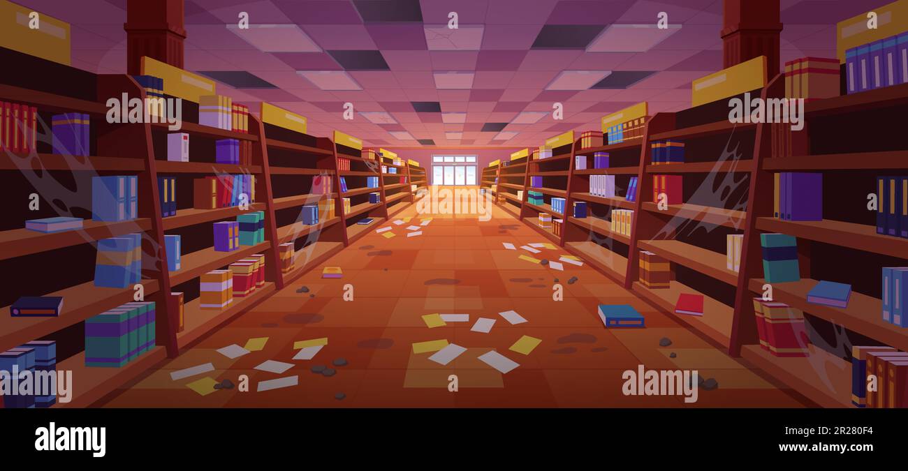 Abandoned book store vector cartoon background. Old library shop house ...
