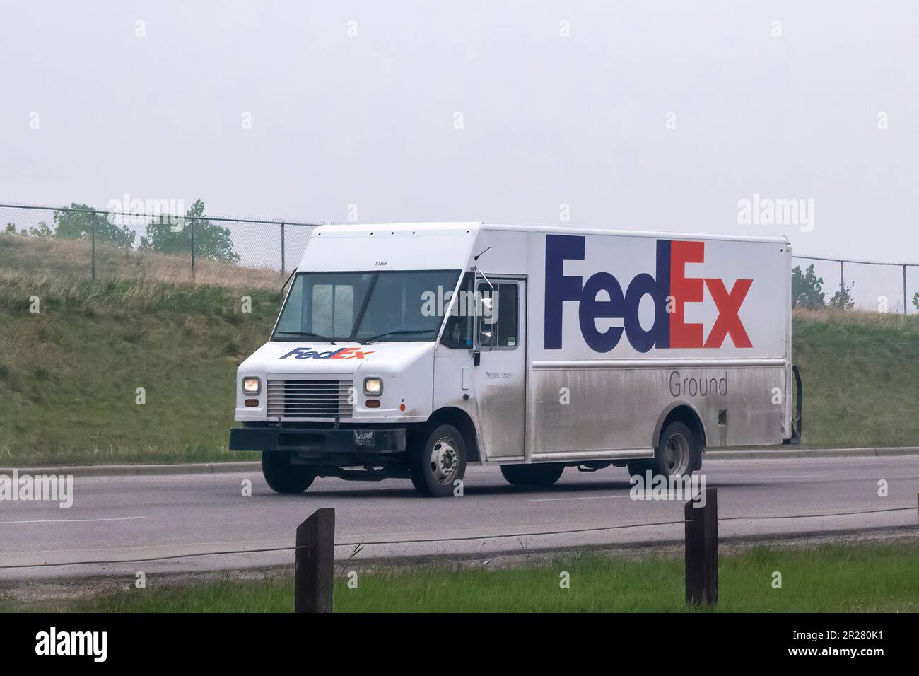 Calgary, Alberta, Canada. May 17, 2023. A FedEx delivery shipping truck ...