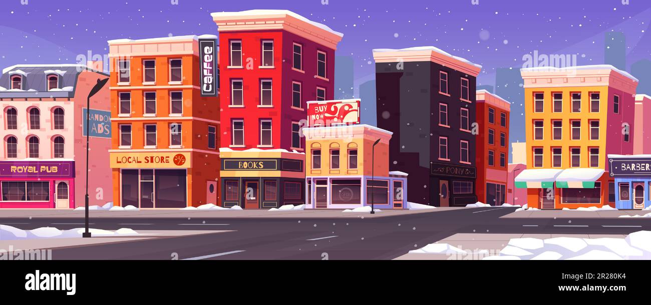 Winter city with snow on street and house facade cartoon background ...