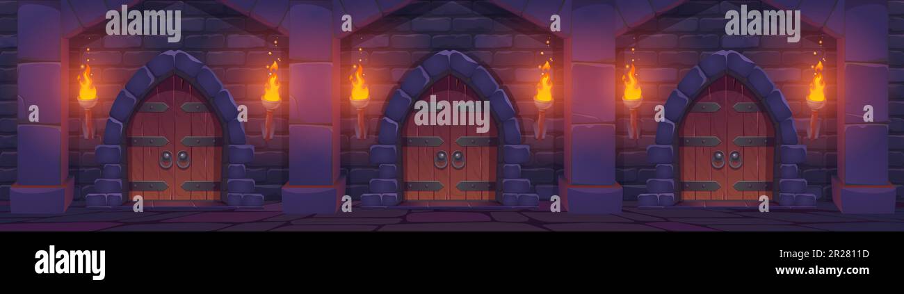 Cartoon medieval castle dangeon with wooden doors. Vector cartoon ...