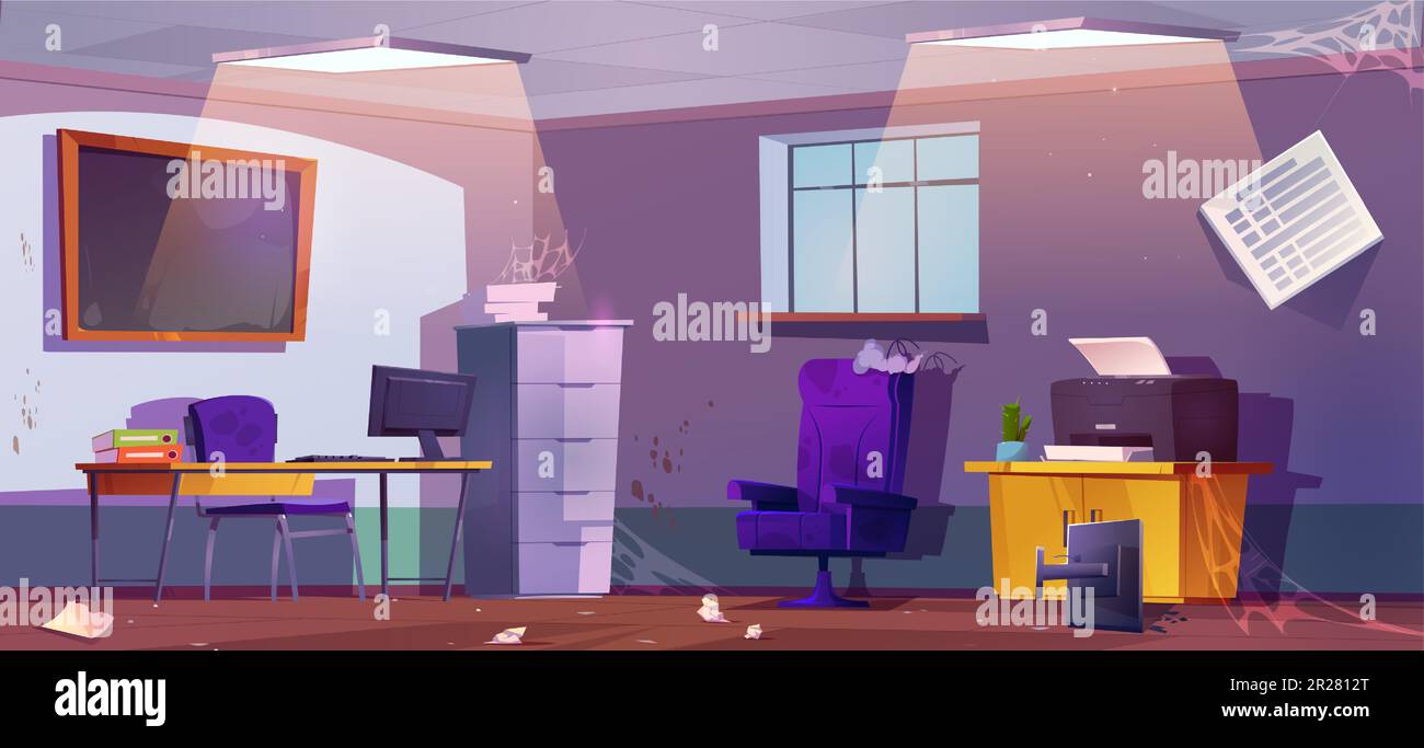Abandoned police office station interior vector. Detective desk in ...