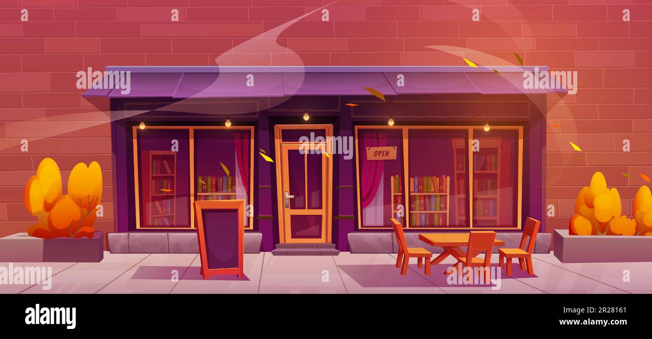 Autumn front exterior book store illustration. Bookstore building with ...