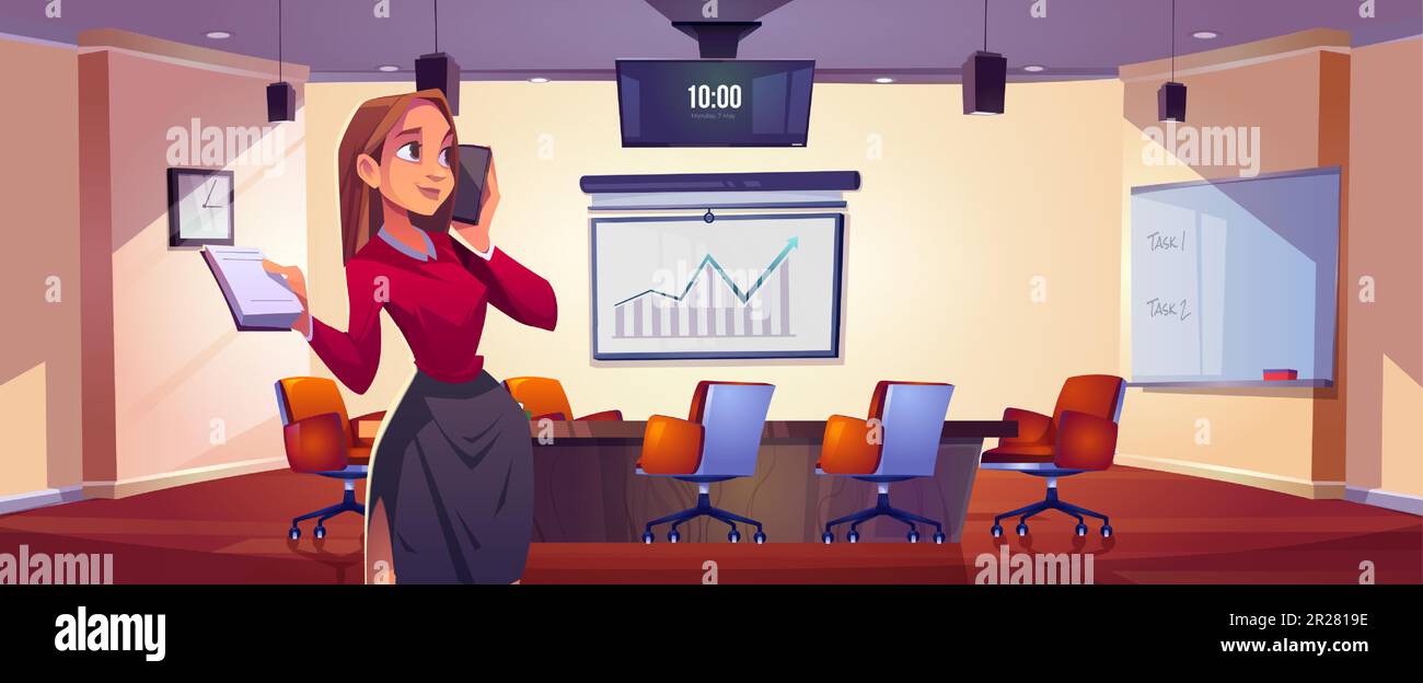 Woman talking phone in office conference room vector illustration ...