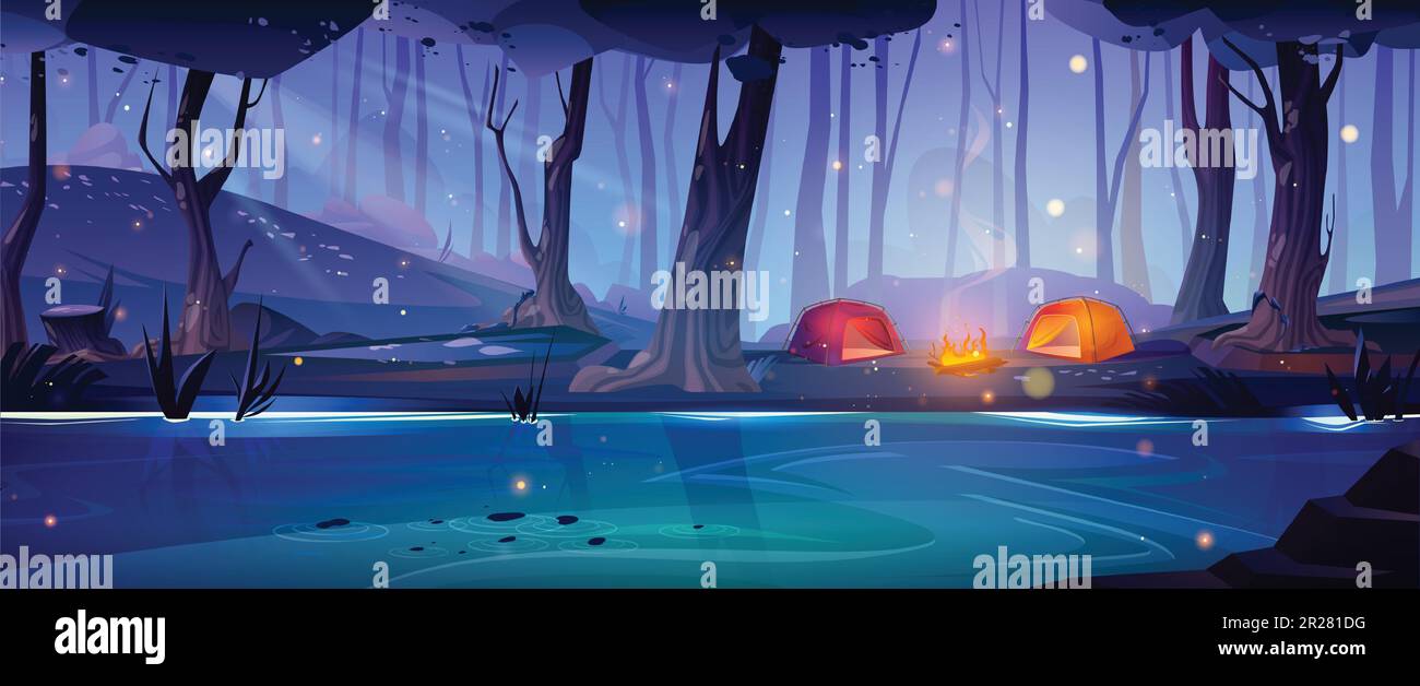 Night forest lake with campsite on bank. Vector cartoon illustration of ...