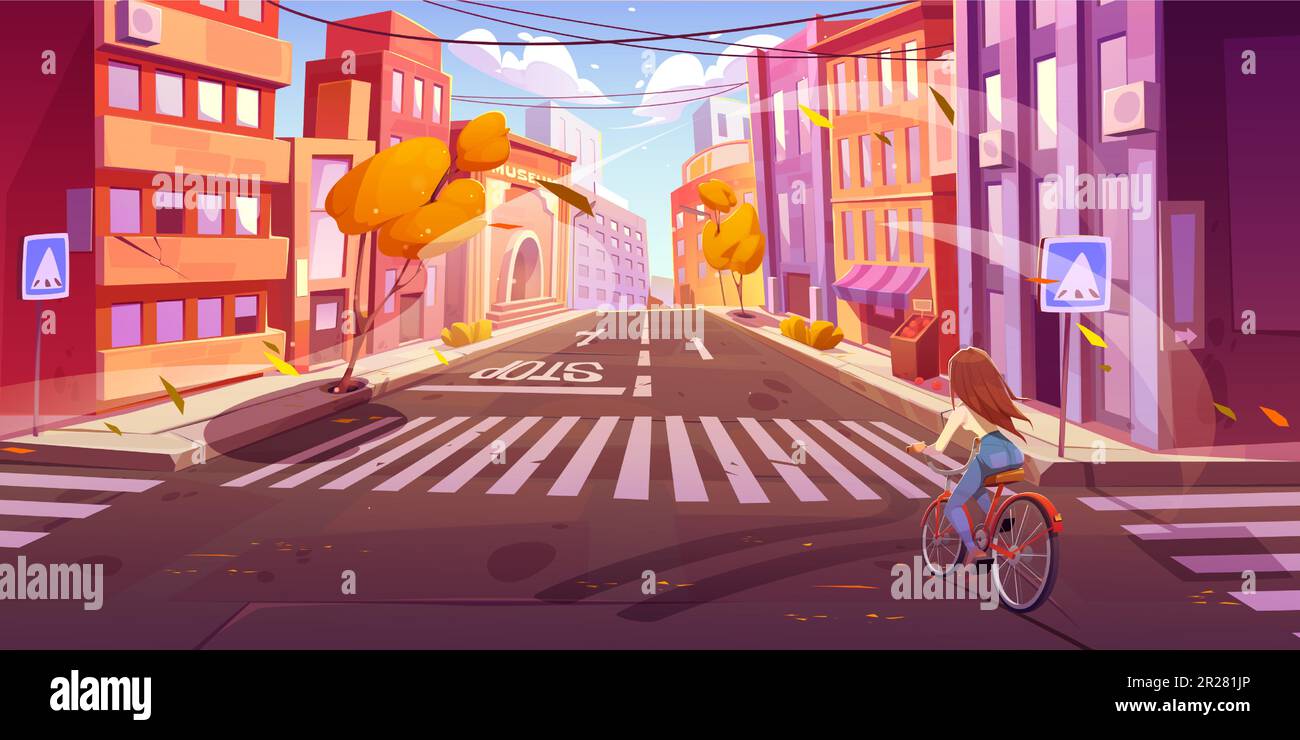 Young woman riding bicycle on autumn city street. Vector cartoon ...