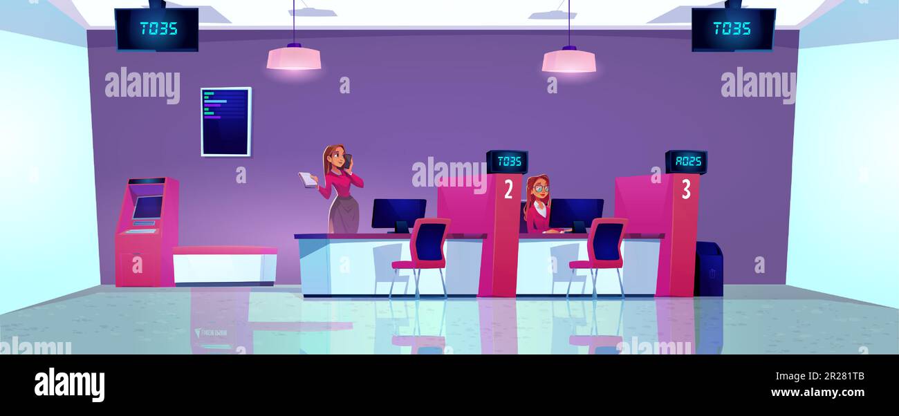 Bank customer support office with electronic queue. Vector cartoon ...