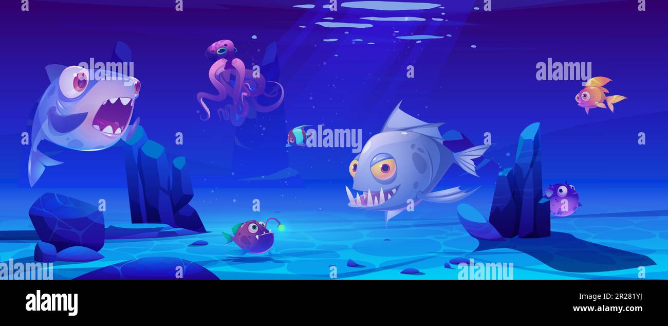 Sea underwater cartoon vector scene with fish. Deep under water ...