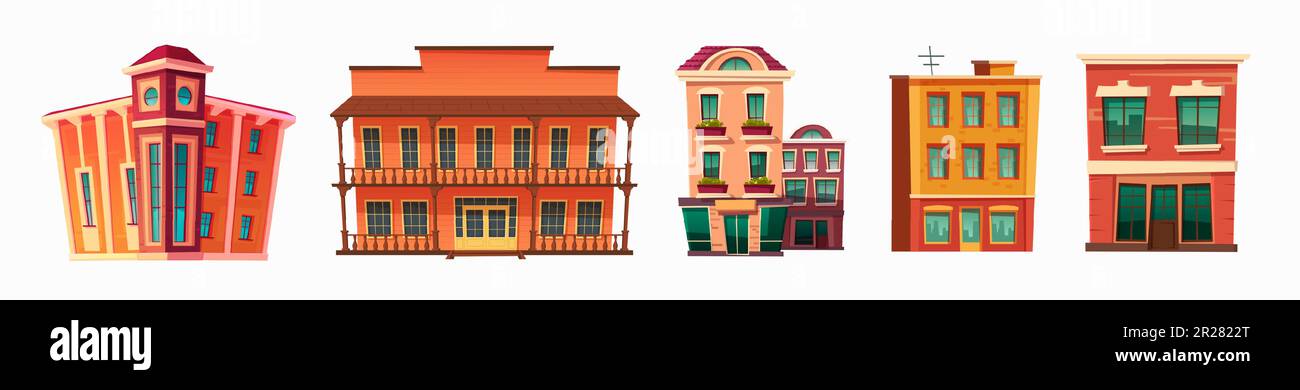 Retro city building vector cartoon house shop icon on white background. Urban office exterior ...