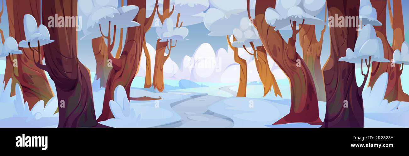 Winter snow forest vector landscape. Path near white tree in cartoon ...