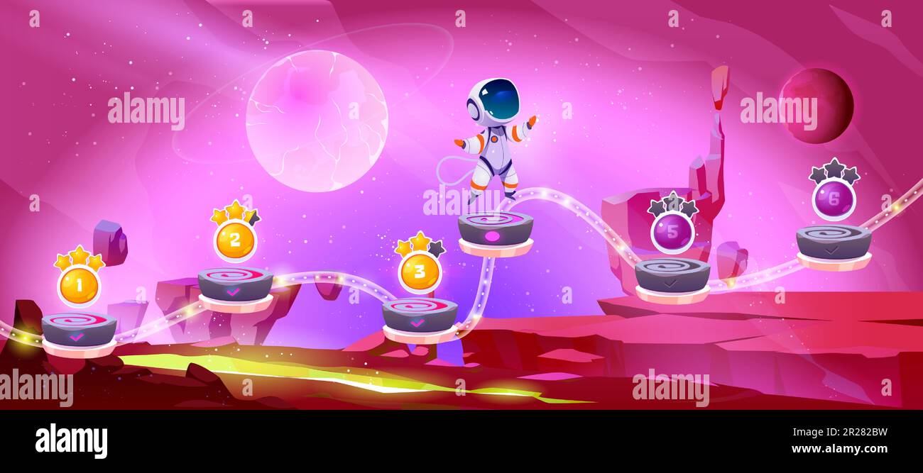Space game ui level map with planet vector screen background. Galaxy cartoon illustration with ...