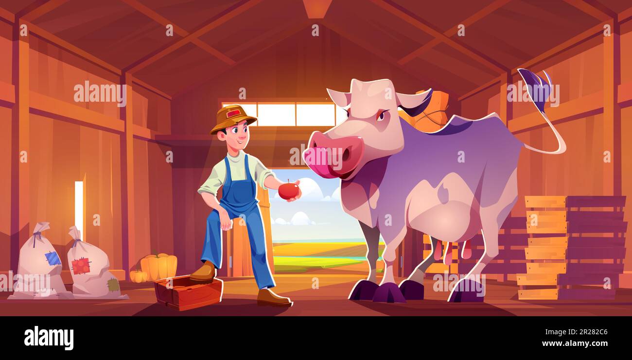 Man farmer with cow in barn cartoon vector illustration. Farm village ...