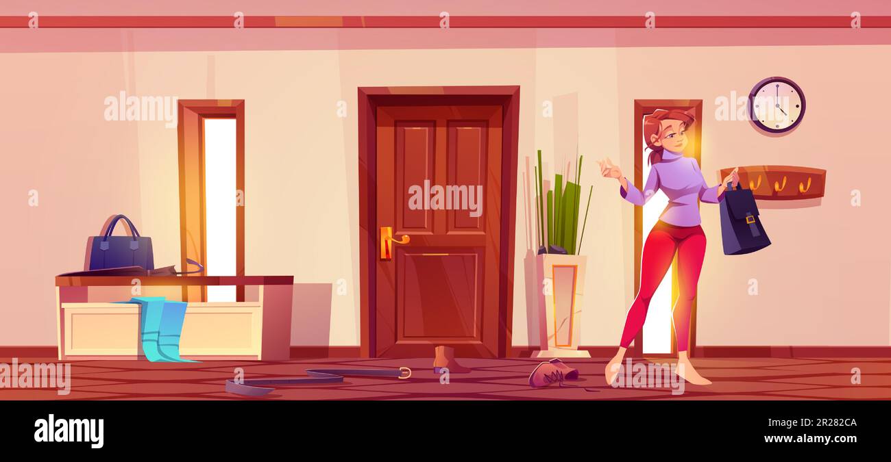 Woman in messy house hallway interior near closed door cartoon ...