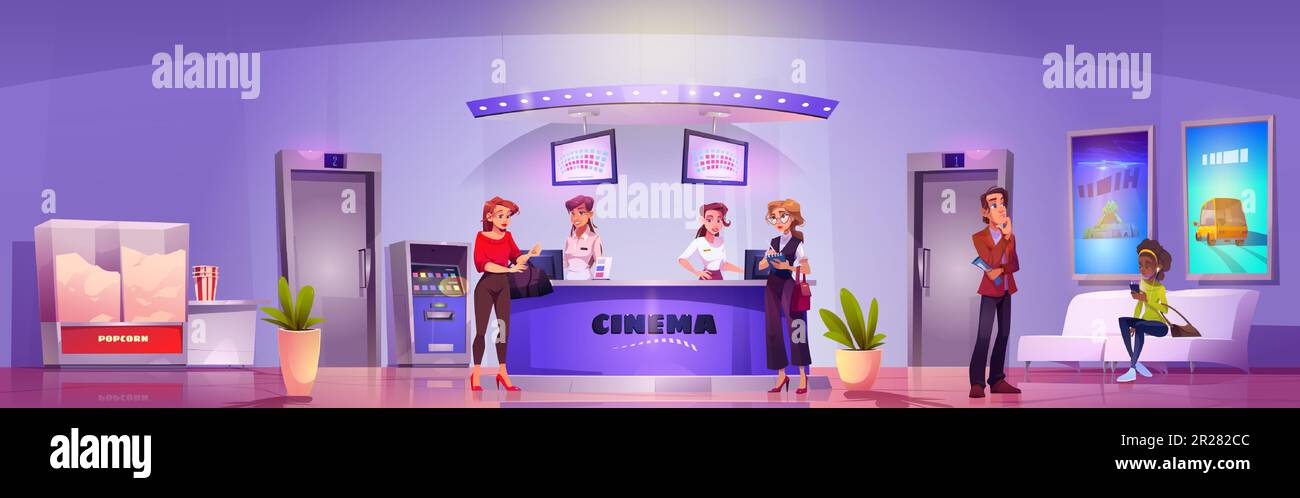 Cinema office hall with ticket and popcorn bar. Women seat near movie premiere poster on ...