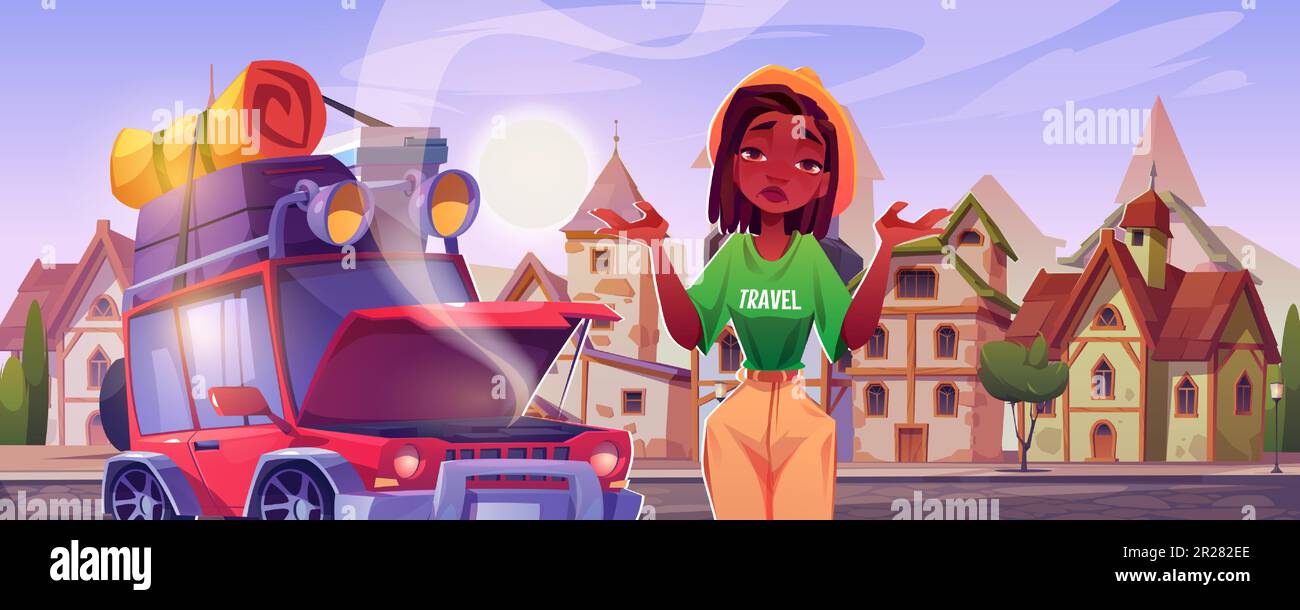Old city street road with broken car and disappointed woman cartoon ...