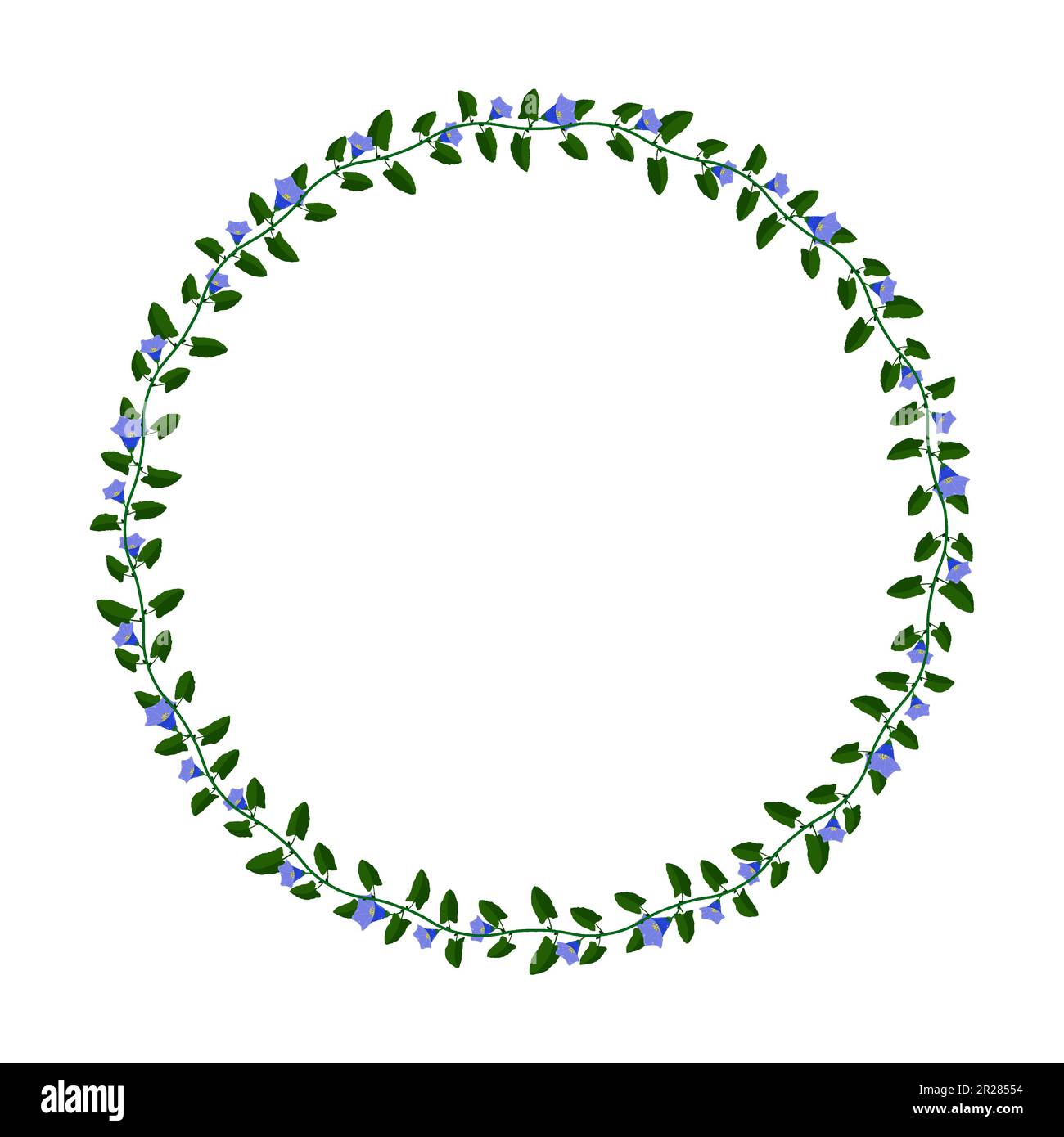 Green blooming liana plant frame with blue flowers. Cartoon round ...
