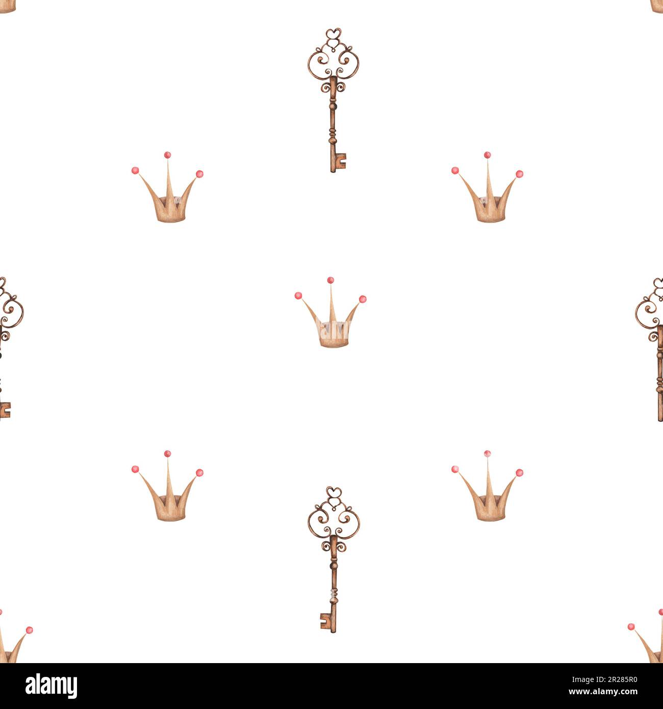 seamless watercolor pattern vintage keys and princess crown. cute ...