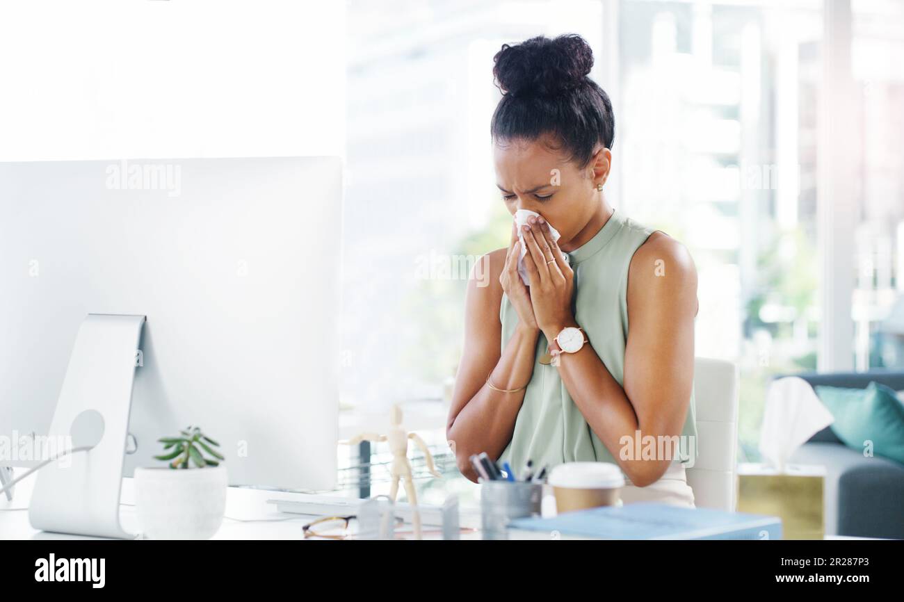 Sick, allergy and blowing nose with business woman in office for ...