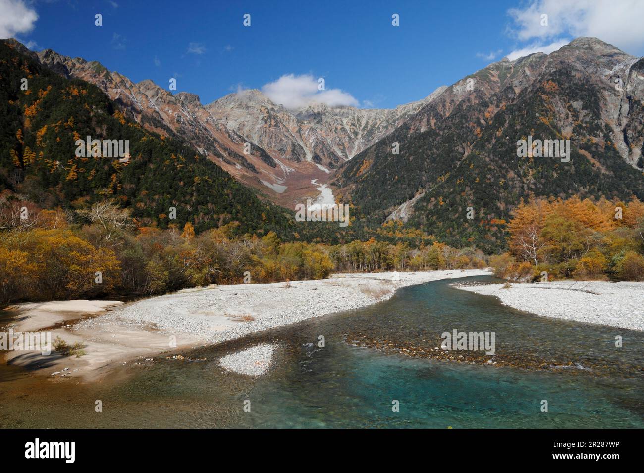 Azusa river and Hotaka mountain range during autumn Stock Photo - Alamy
