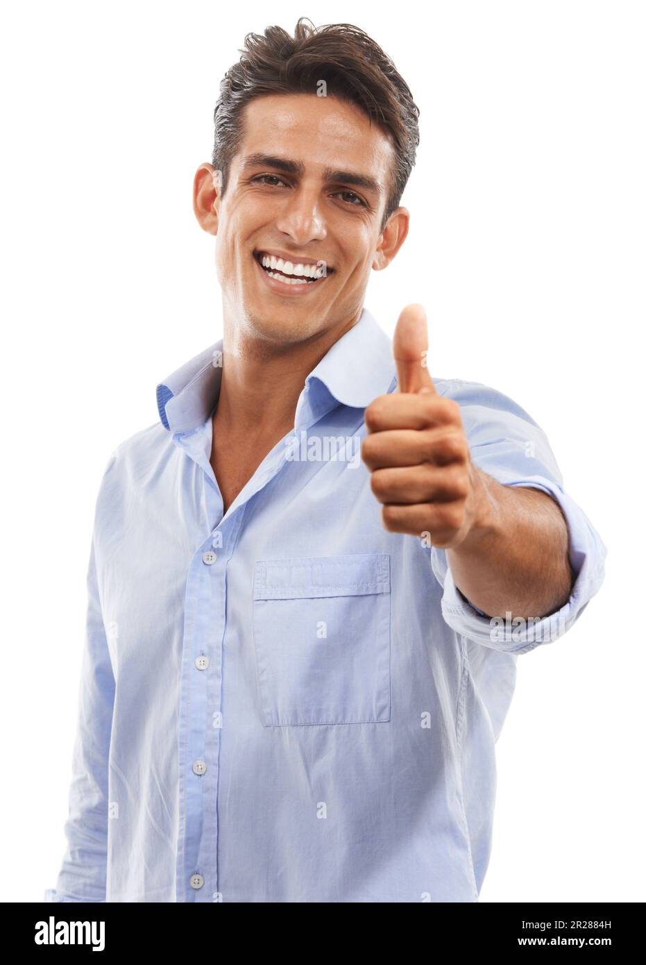 Great job. Portrait of a handsome smiling young man showing thumbs up ...