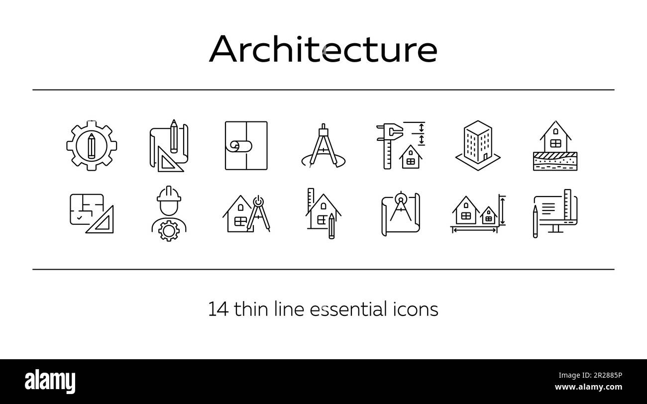 Architecture line icon set. Pencil, ruler, floor plan Stock Vector ...