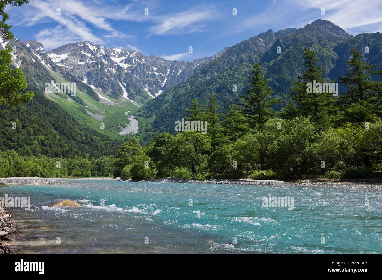 Hotaka mountain range and the Azusa River, green Kamik?chi Stock Photo ...