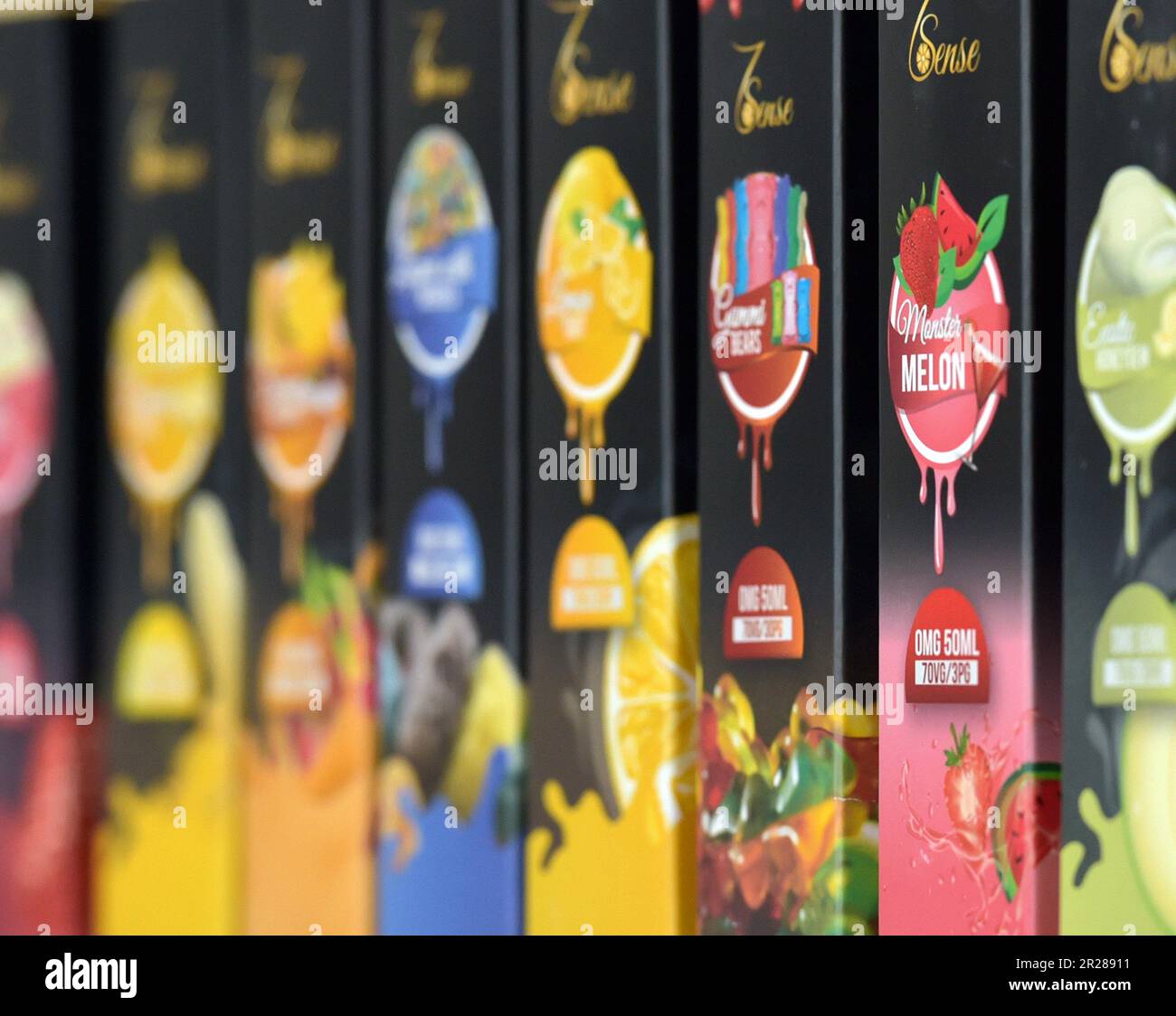 File photo dated 21/02/2020 of vaping liquid products on a shop shelf ...