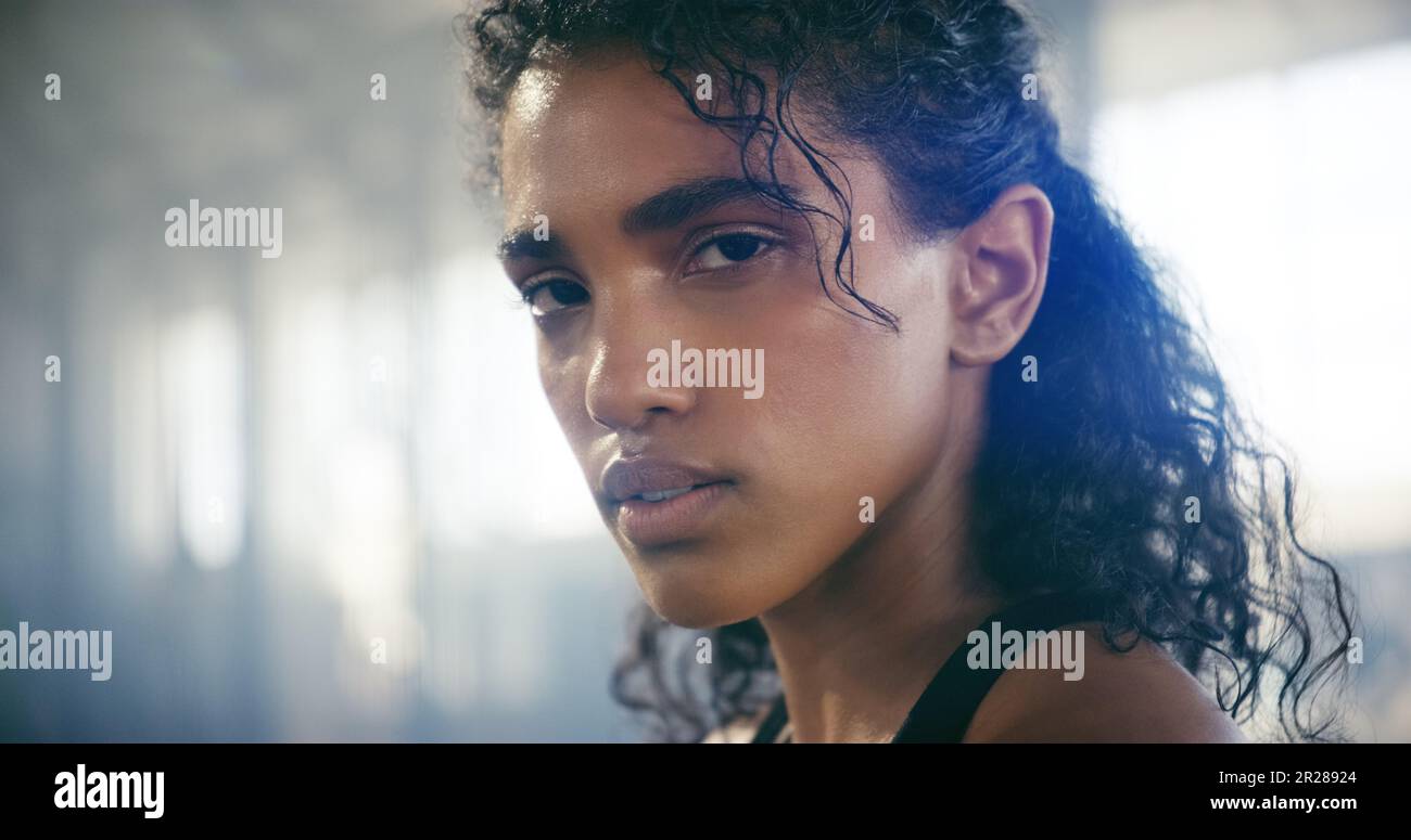 Sweating, woman and face taking a break from fitness, exercise and ...