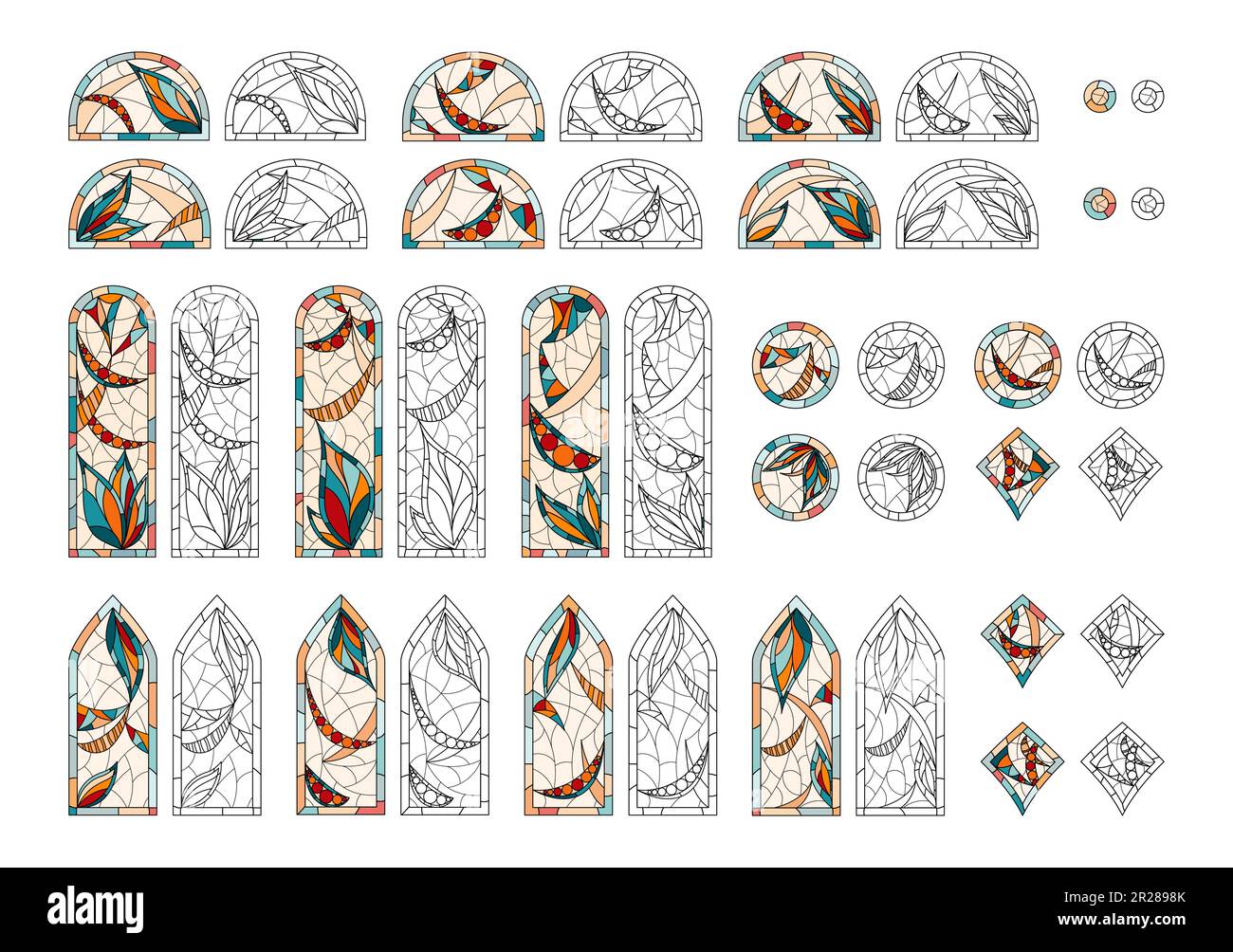 Coloring stained glass in a Church. Set of different windows shapes ...