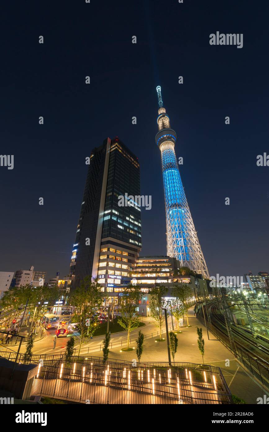 Tokyo Sky Tree lit up (Trendy) and East Tower Stock Photo - Alamy