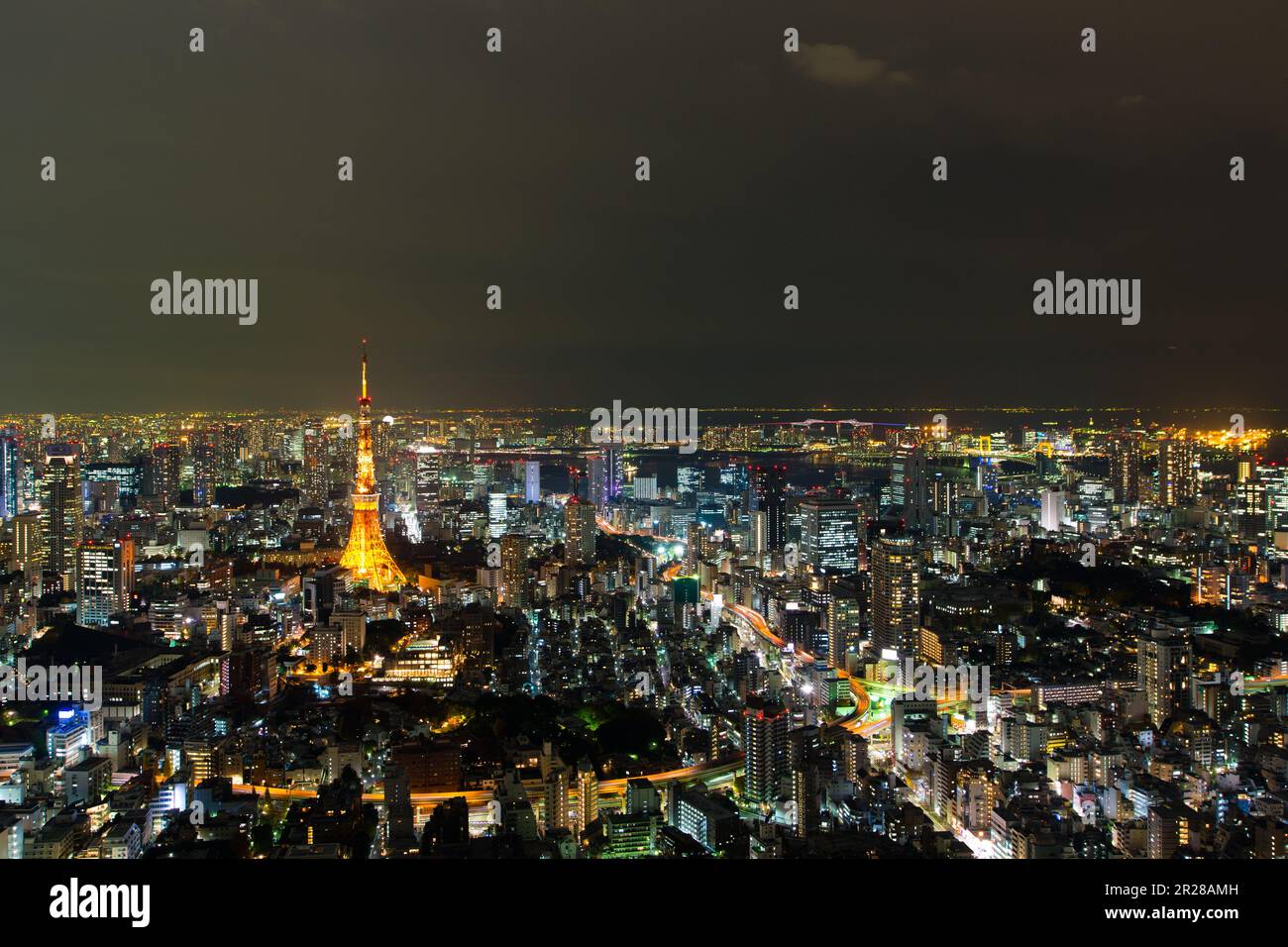 Night view of Tokyo Gate Bridge, Rainbow Bridge and Tokyo Tower Stock ...