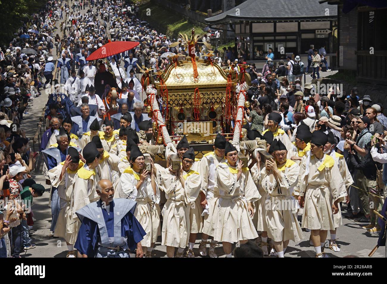 Nikko, Japan, May 18, 2023. People in samurai warrior outfits march at ...