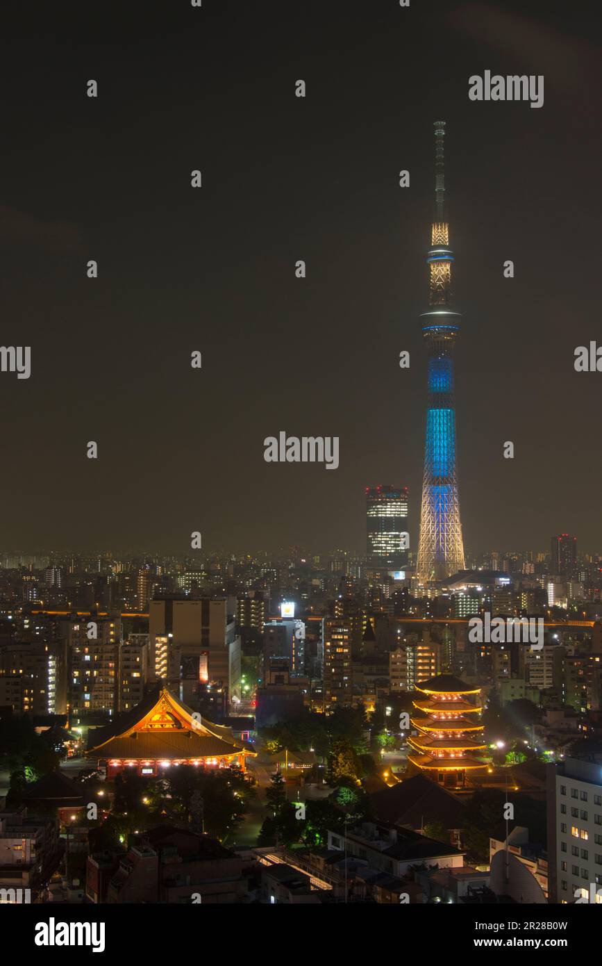 Asakusa Temple and Tokyo sky tree lights up (Star Festival Stock Photo ...