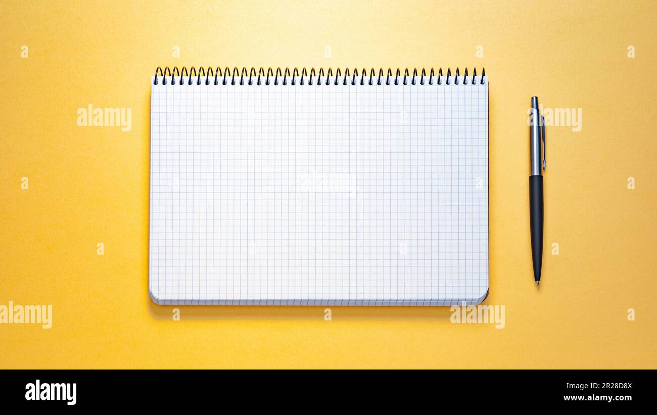 An open notebook and a classic ballpoint pen side by side on golden ...