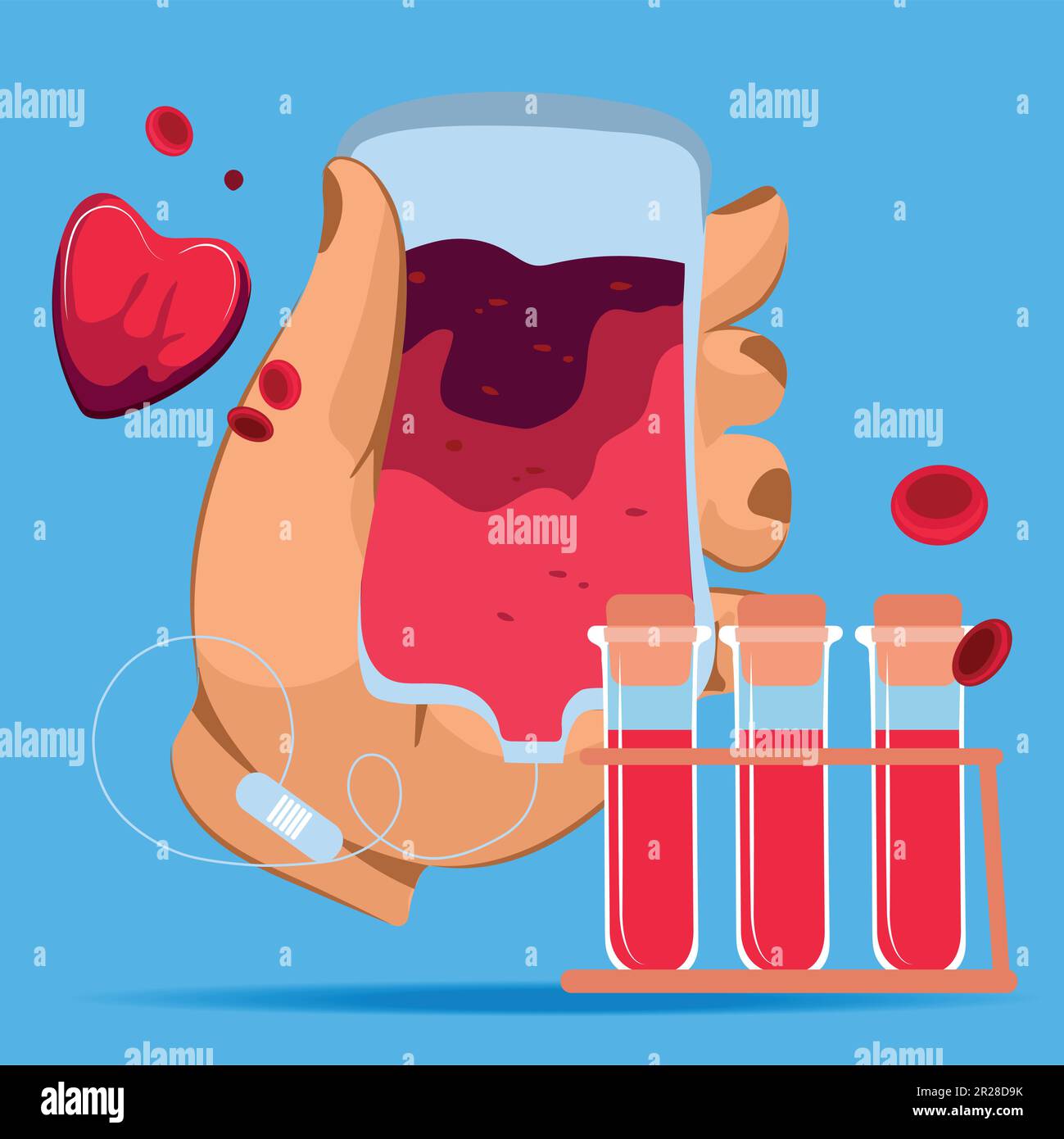 Day donation concept with bag of blood, hand and heart medical sign ...