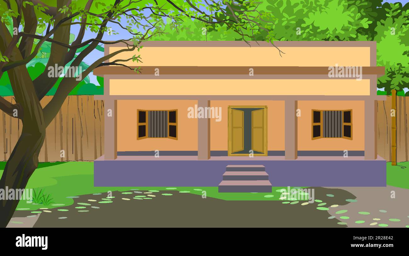 Vector village cartoon background illustration with old style cottage ...