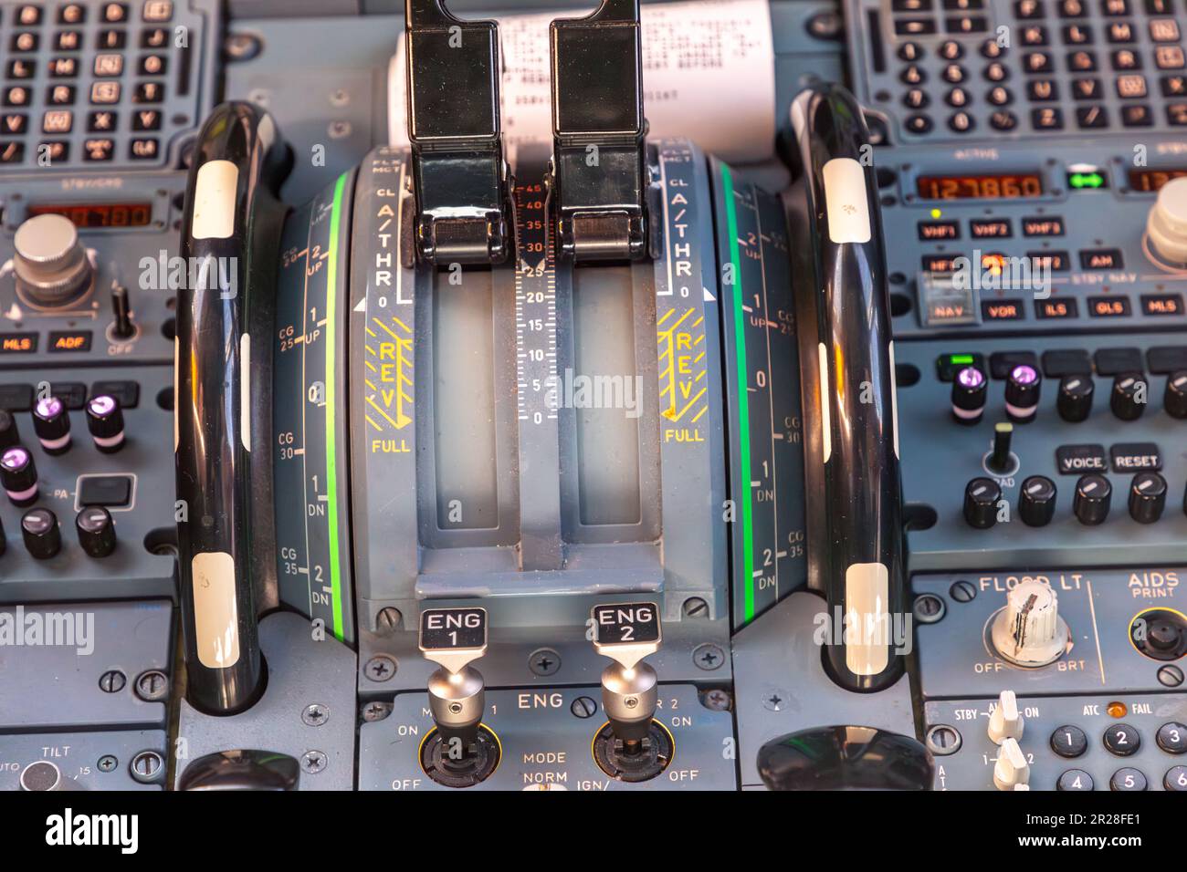 cockpit view of instruments of a commercial jet airliner with pilot in ...