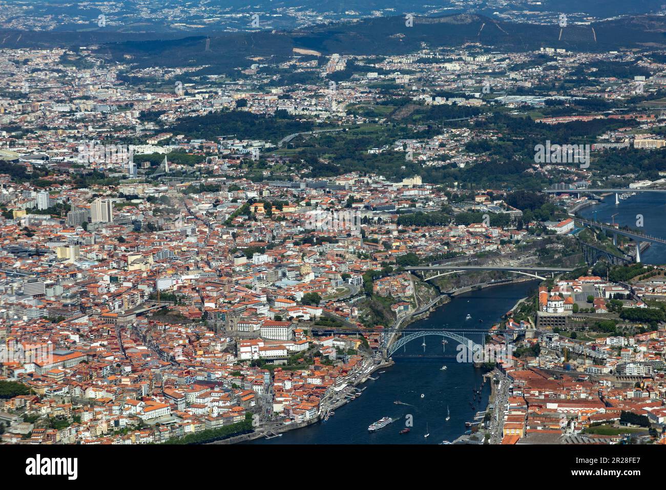 aerial of Porto with view to the river Douro bridges and old town Stock ...