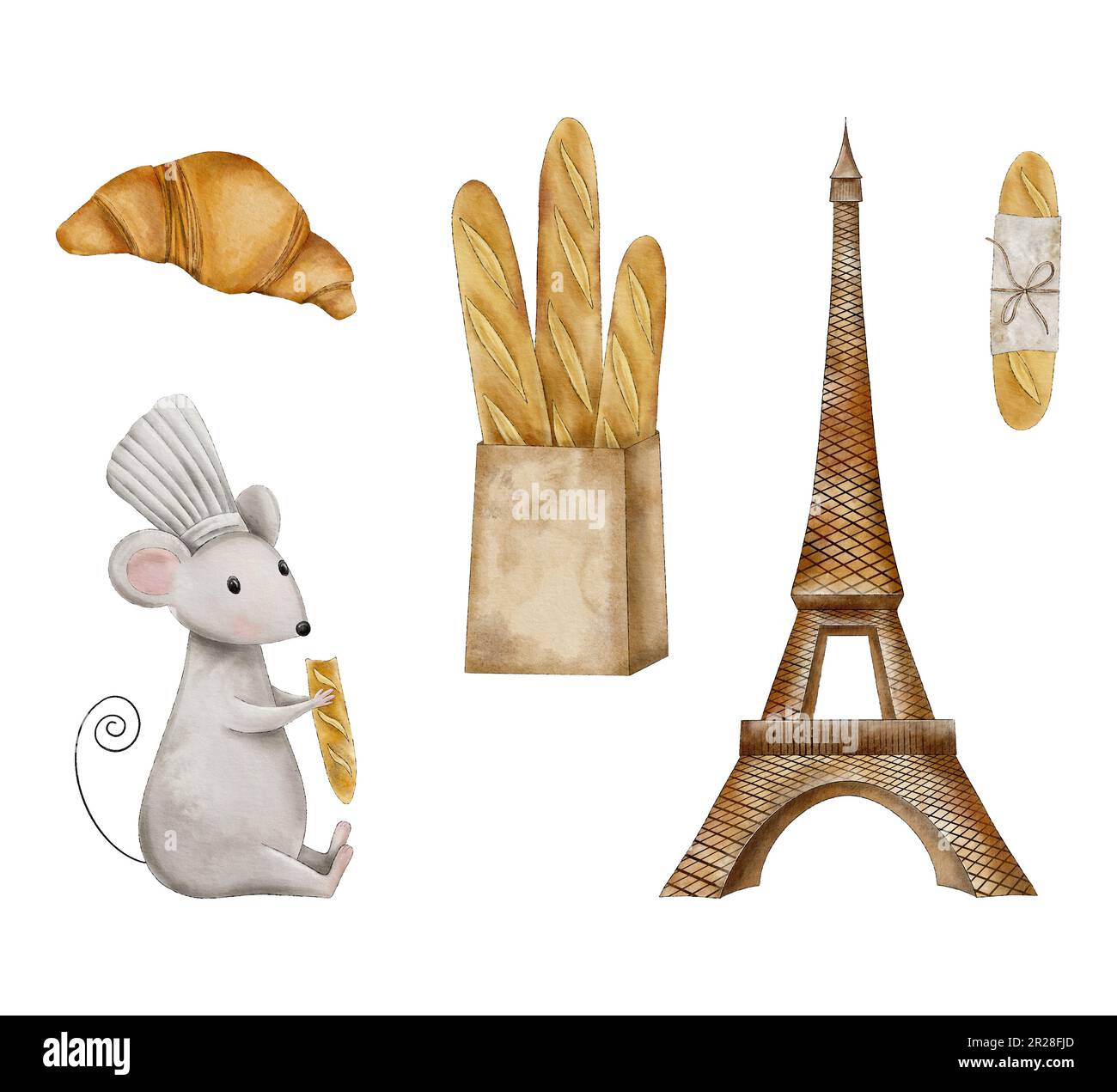Set of cute mouse-baker eats a baguette, French baguettes in craft bag ...