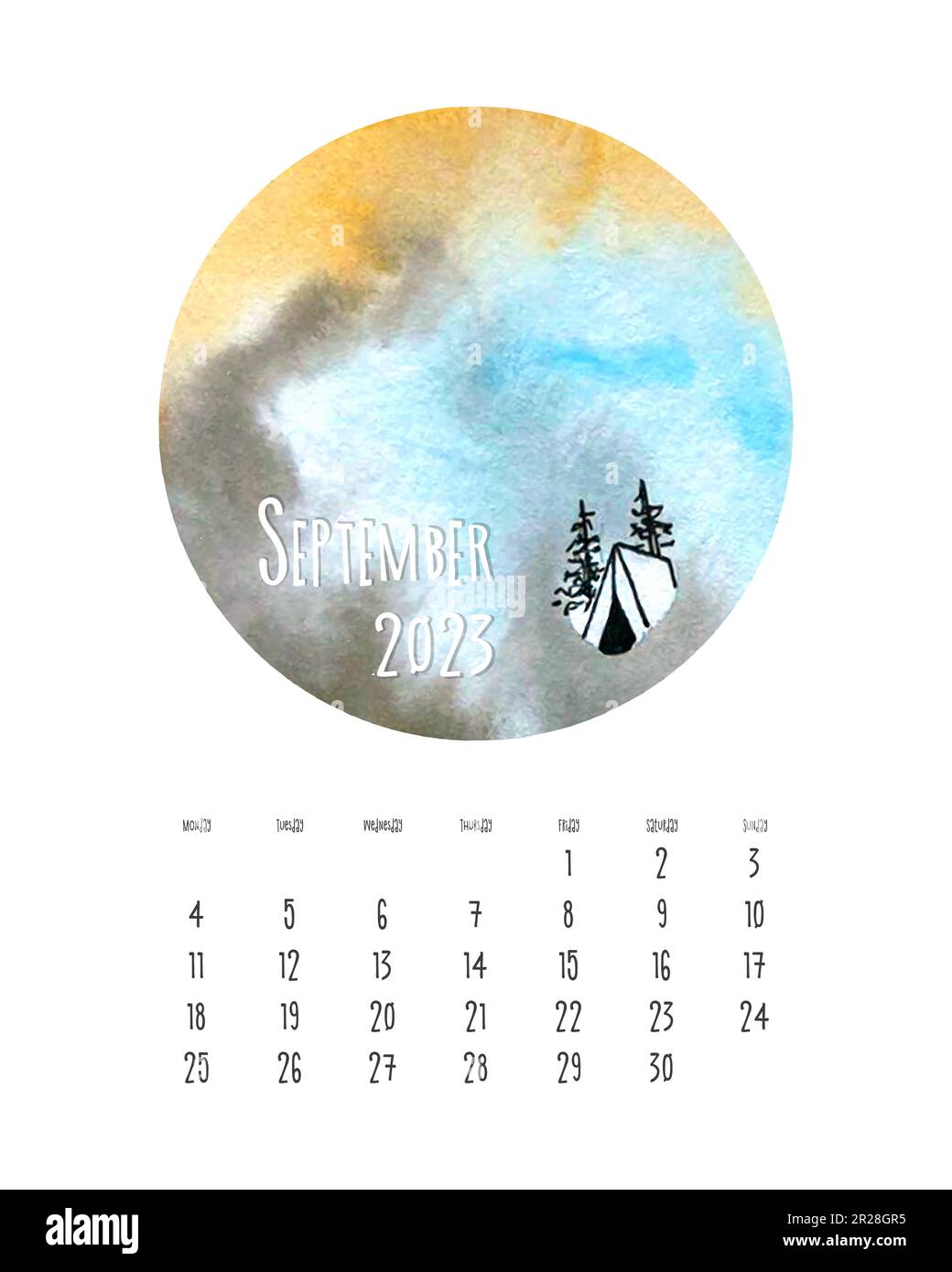 Calendar September 2023 with watercolor circle background. . Vector ...